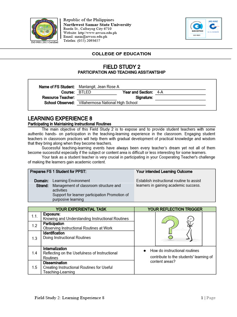 Manlangit Jean Rose a Fs2 Le 08 Output | PDF | Learning | Teachers