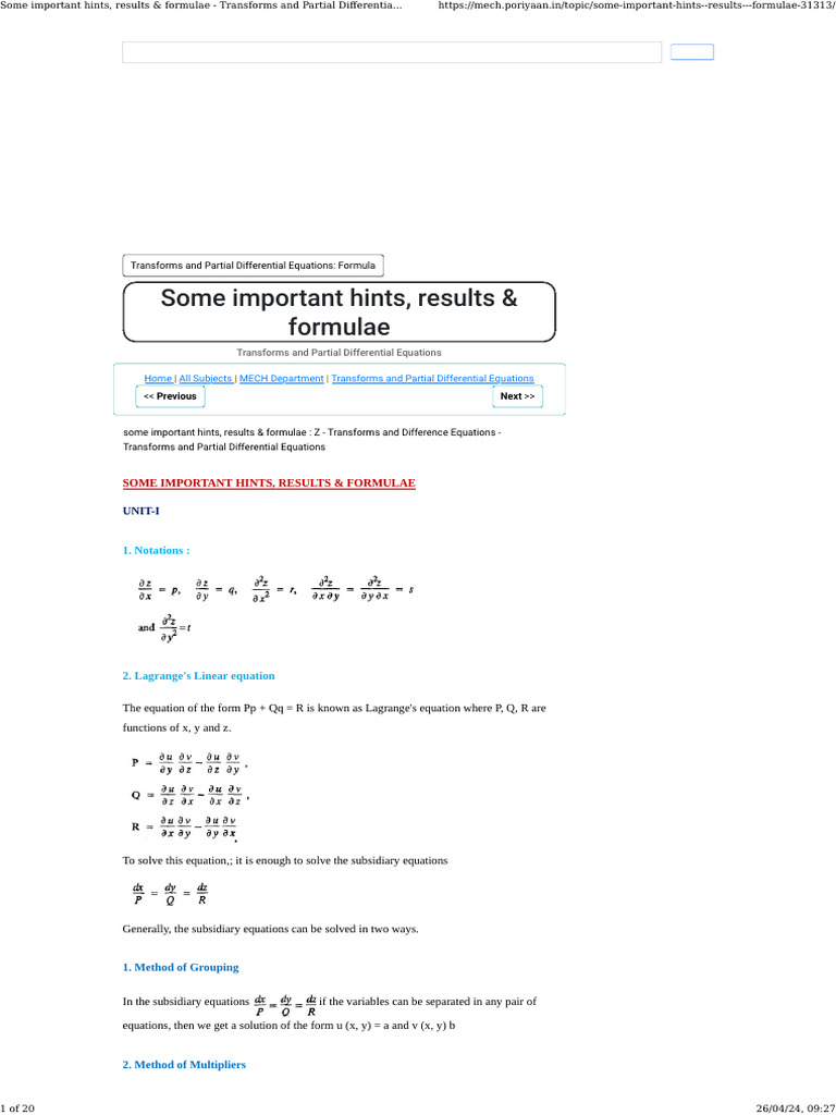 Some Important Hints, Results & Formulae - Transforms and Partial ...