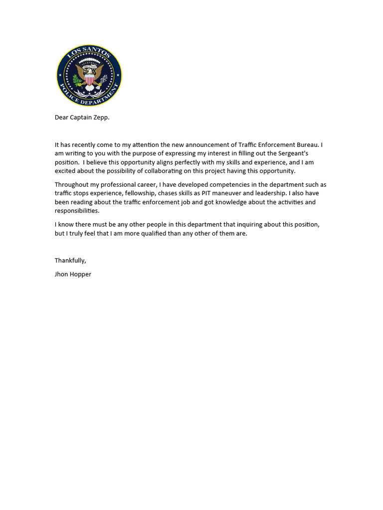 Letter of Interest in Sergeant's Position For The Traffic Enforcement Burau | PDF