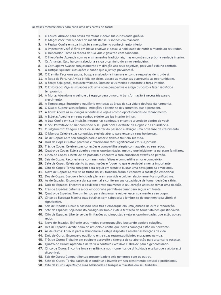 78 Frases Motivacionais para Cada Uma Das Cartas Do Tarot | PDF ...