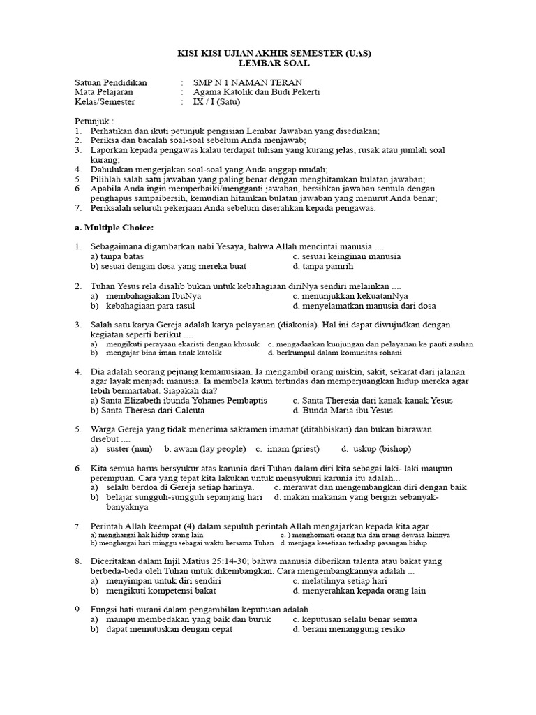 KISI Kisi Soal Ulangan Akhir Sekolah Kls 9. 2024 | PDF