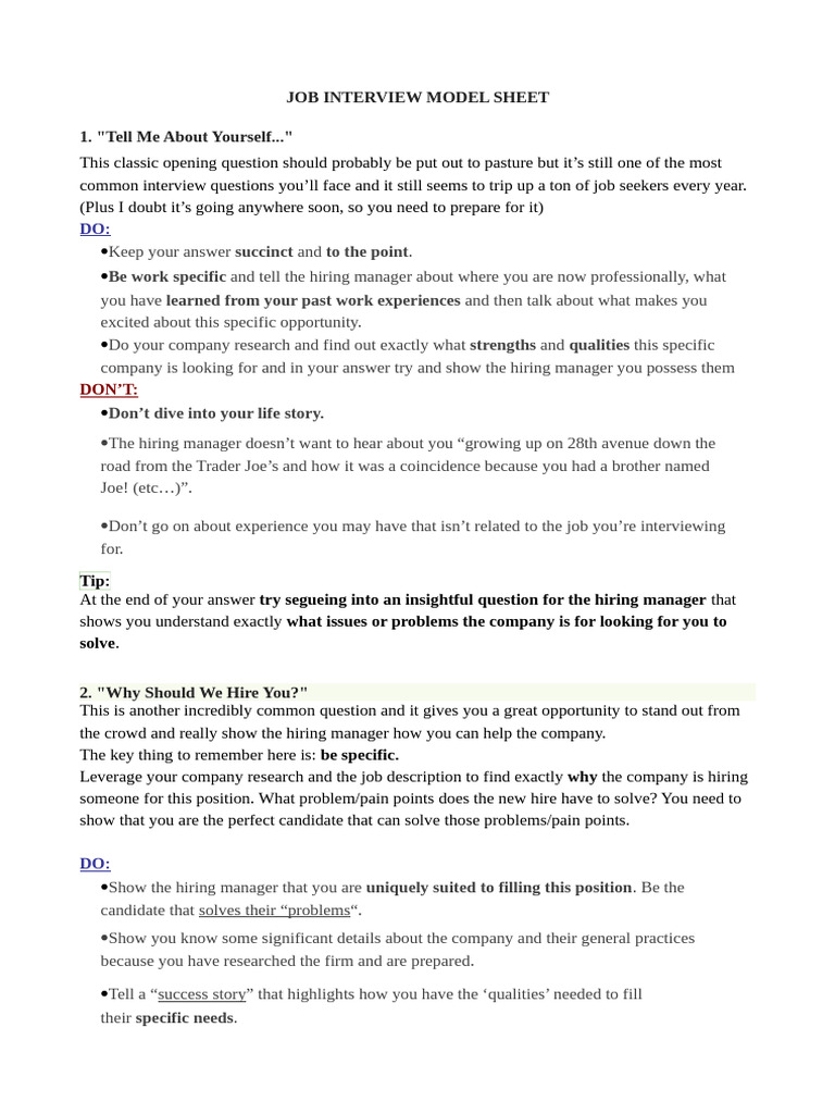 Job Interview Sheet | PDF | Question | Job Interview