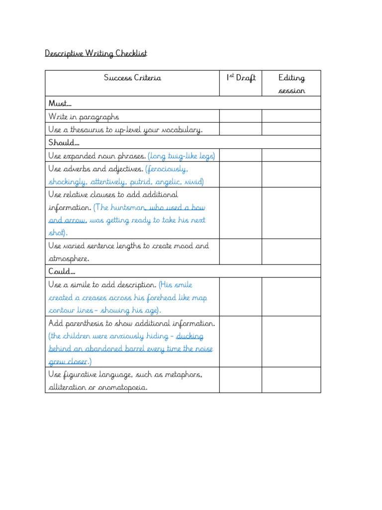 Descriptive Writing Checklist | PDF