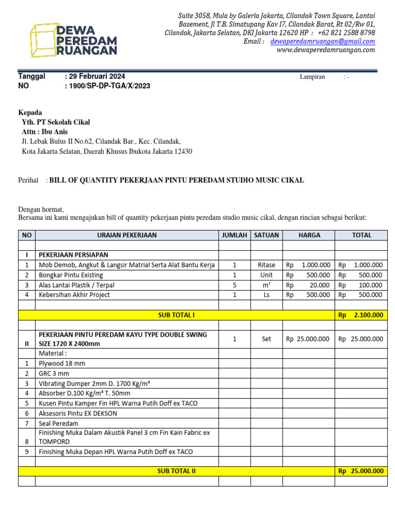 Quotation Pekerjaan Pintu Peredam Studio Music Cikal - PT Sekolah Cikal ...
