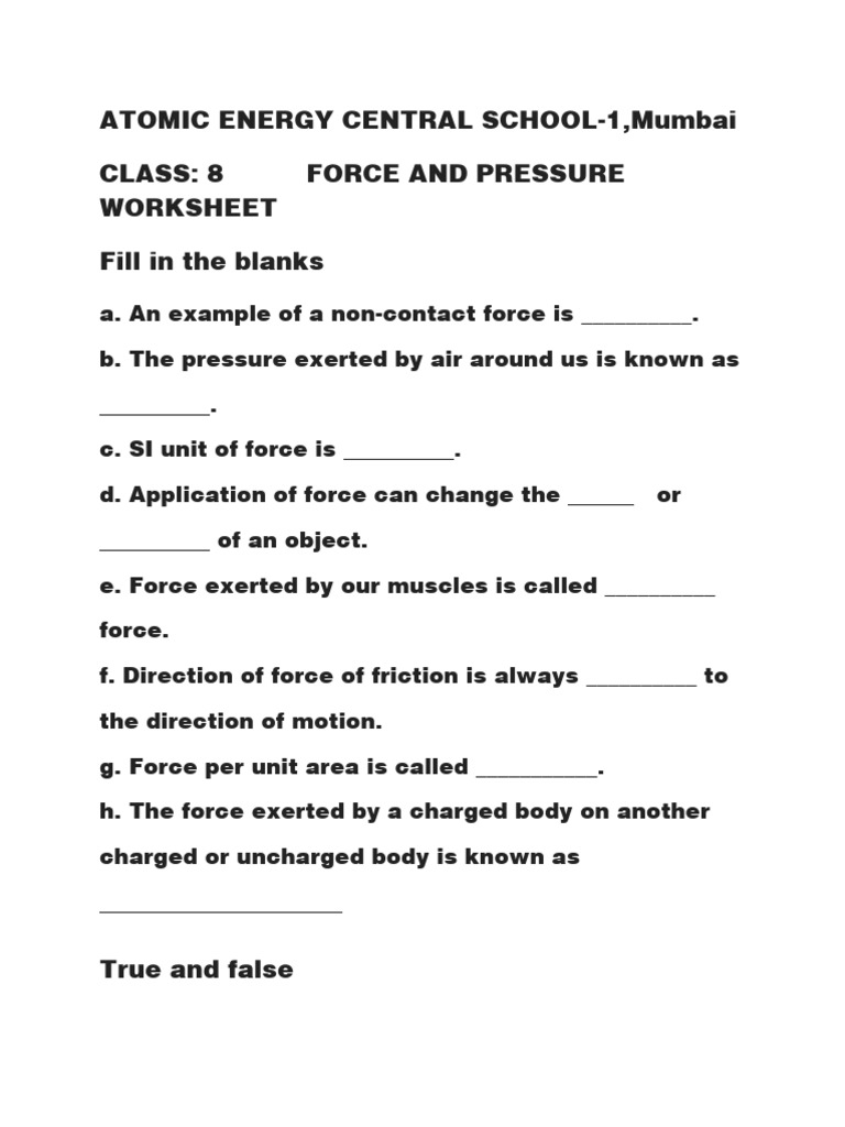 Viii Sci L08 M02 Force and Pressure Worksheet | PDF | Force | Pressure