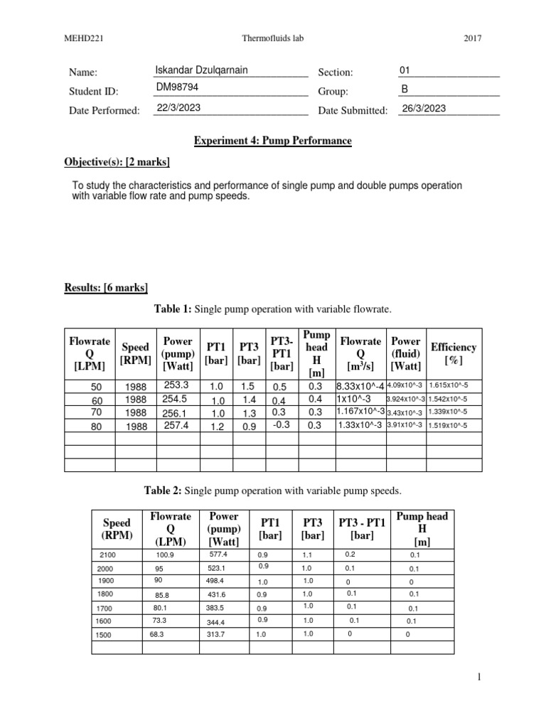 Experiment 4 Pump Performance | PDF | Pump | Mechanics