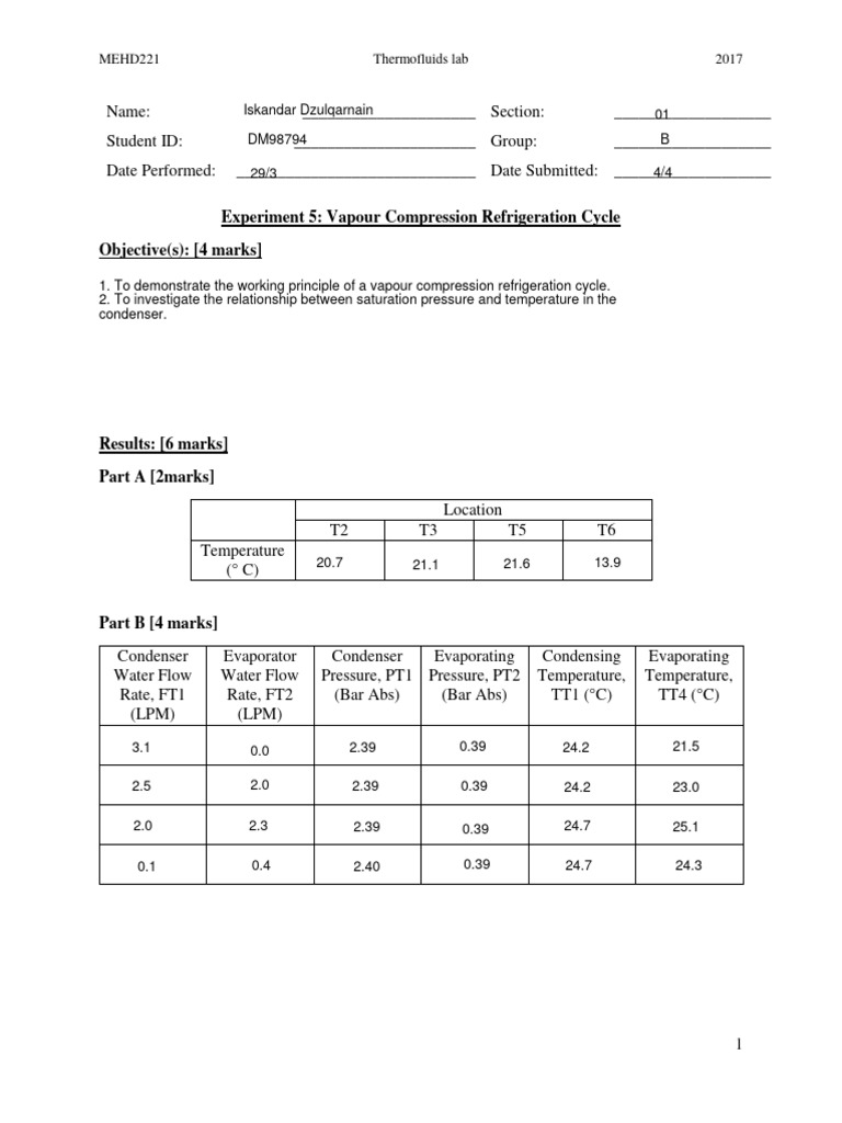Experiment 5 Vapour Compression Refrigeration Cycle | PDF | Heat Pump ...