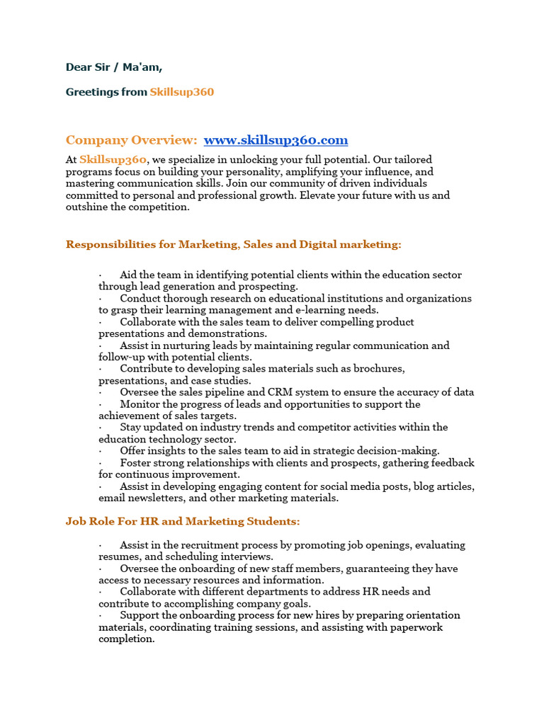 Skillsup360 JD | PDF | Analytics | Marketing