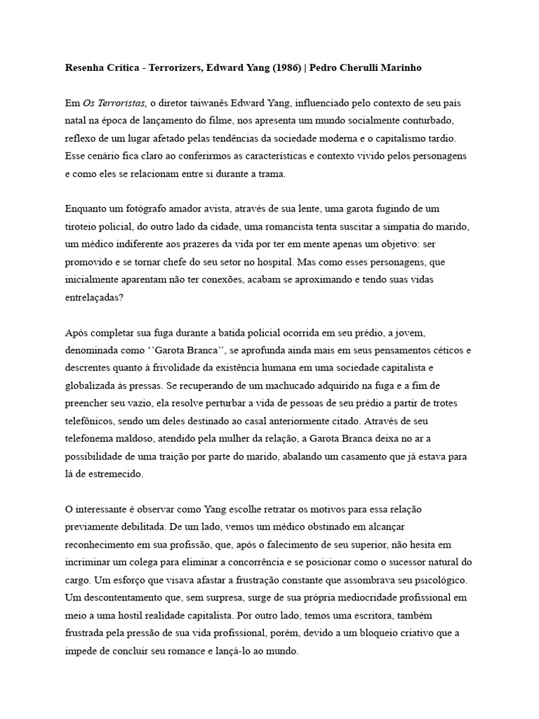 Resenha Crítica - Terrorizers, Edward Yang (1986) - Pedro Cherulli Marinho | PDF | Mistério ...
