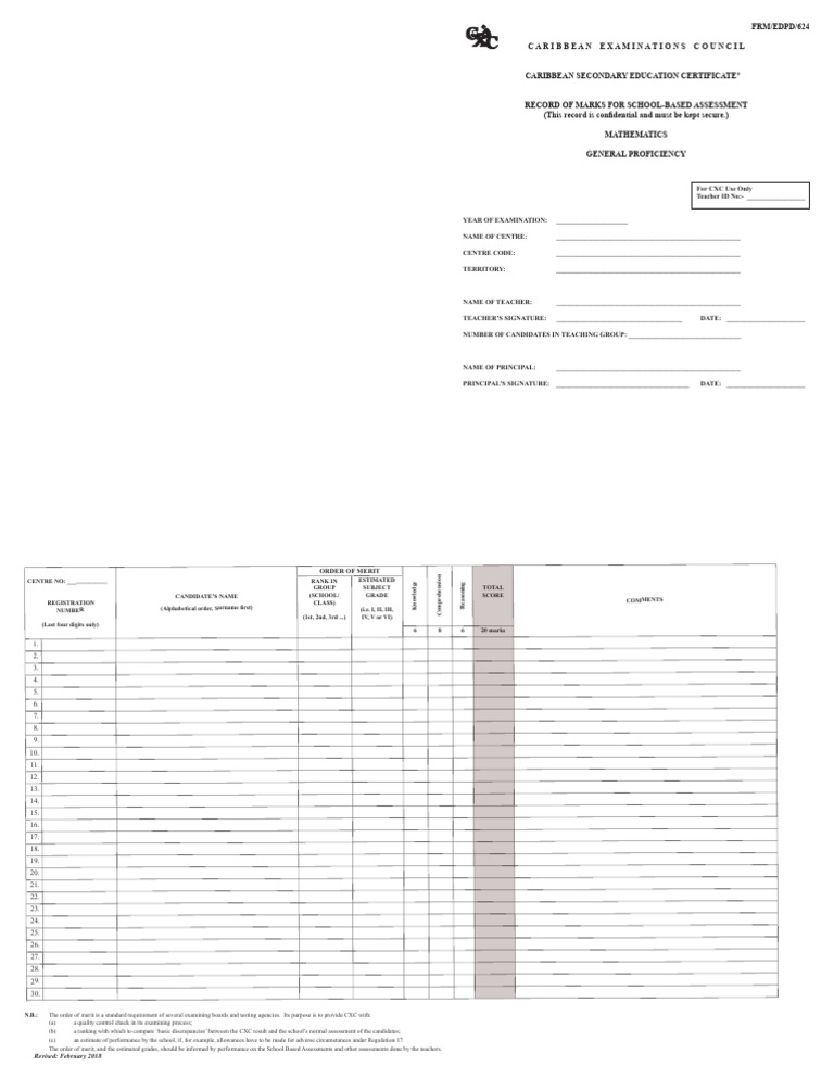 Record-of-Marks CSEC MATHS | PDF | Teachers