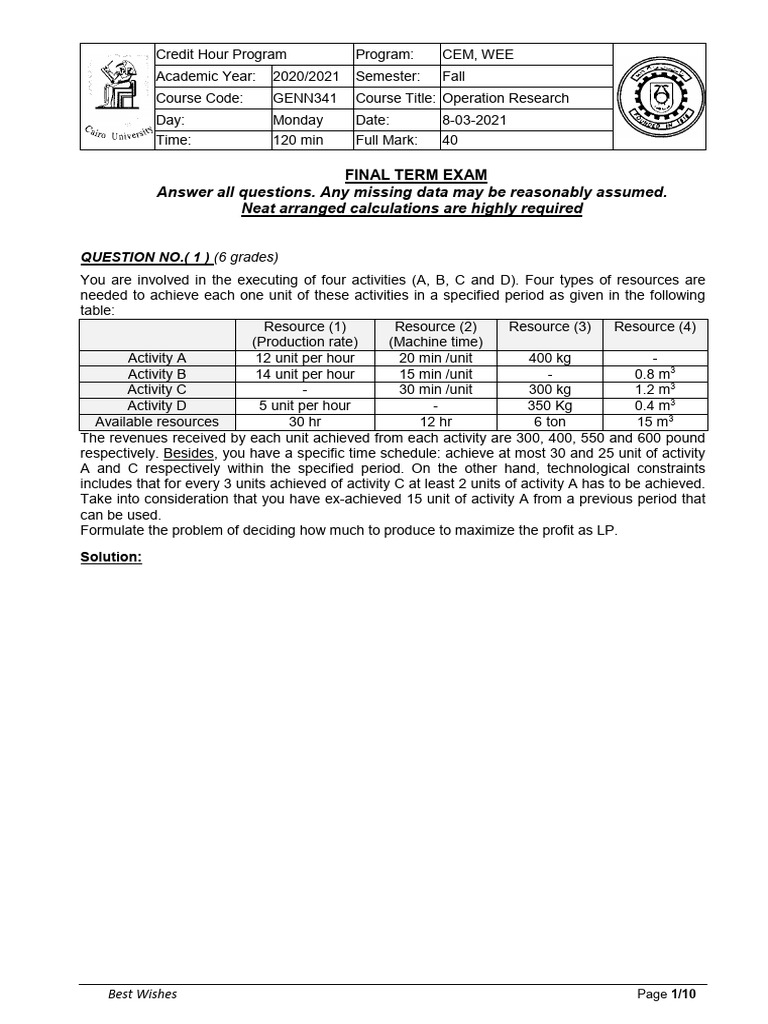 002 Final Exam Fall 2020 | PDF | Academic Term | Applied Mathematics