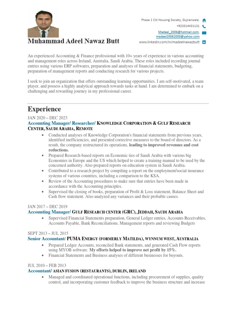 Resume Muhammad Adeel Butt PK | PDF | Accounting | Financial Statement