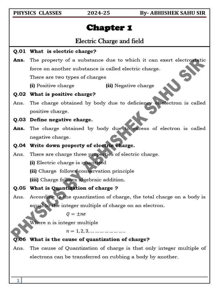 Electric Charge and Field: Physics Classes 2024-25 By-Abhishek Sahu Sir | PDF | Electric Charge ...