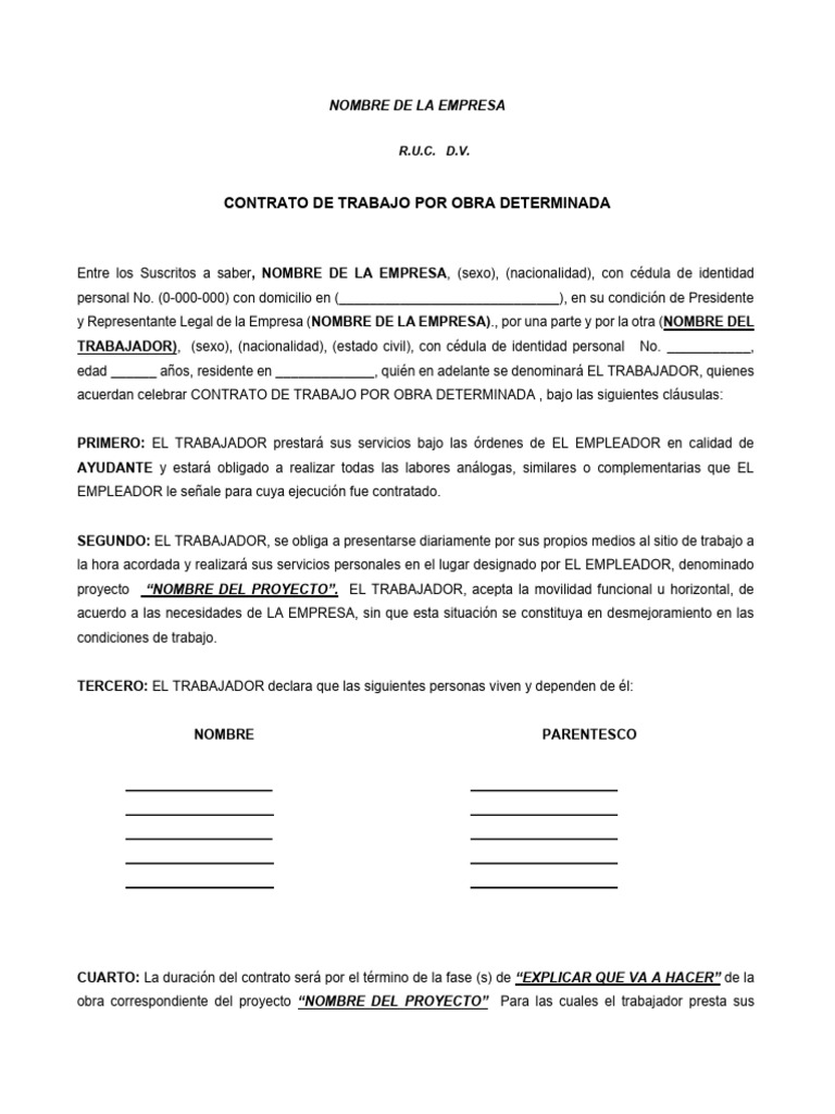 Ejemplo Contrato Por Obra Determinada | PDF | Personal | Documento de identidad