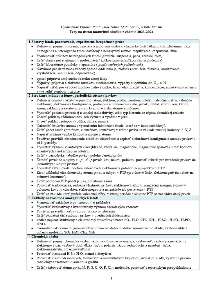 Tézy Na Ústnu Maturitu Z Chémie 2023-2024 | PDF