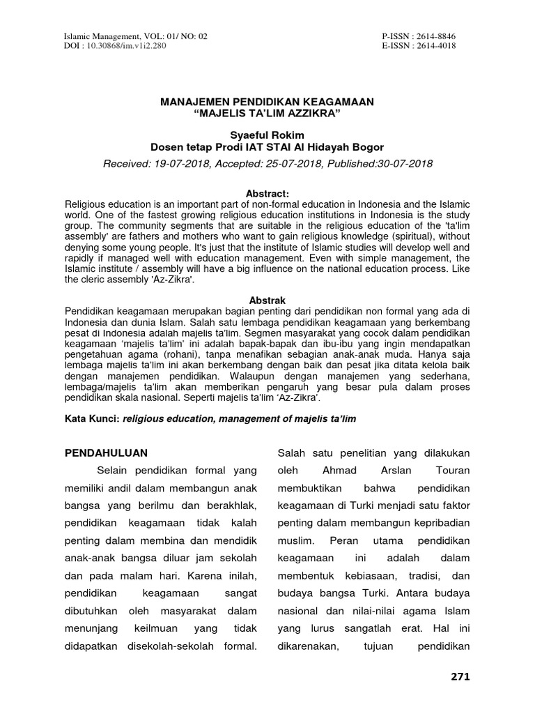 Manajemen Pendidikan Keagamaan "Majelis Ta'Lim Azzikra" Syaeful Rokim Dosen Tetap Prodi IAT STAI ...