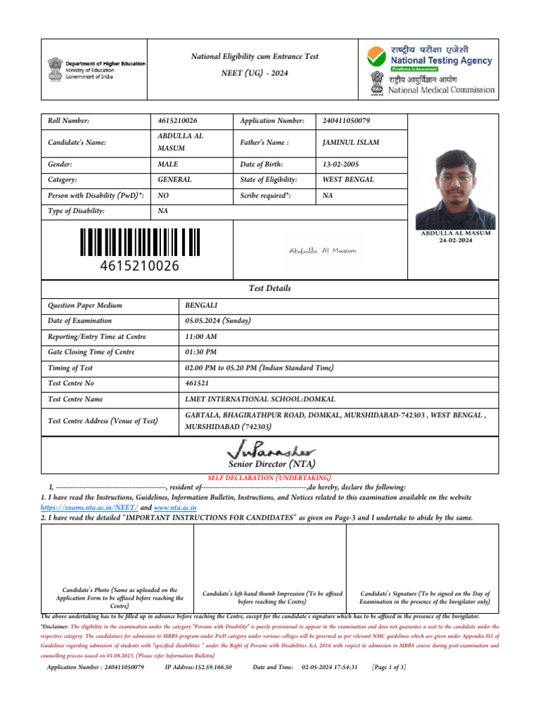 Neet - Ntaonline.in Frontend Web Admitcard Index | PDF | Identity Document