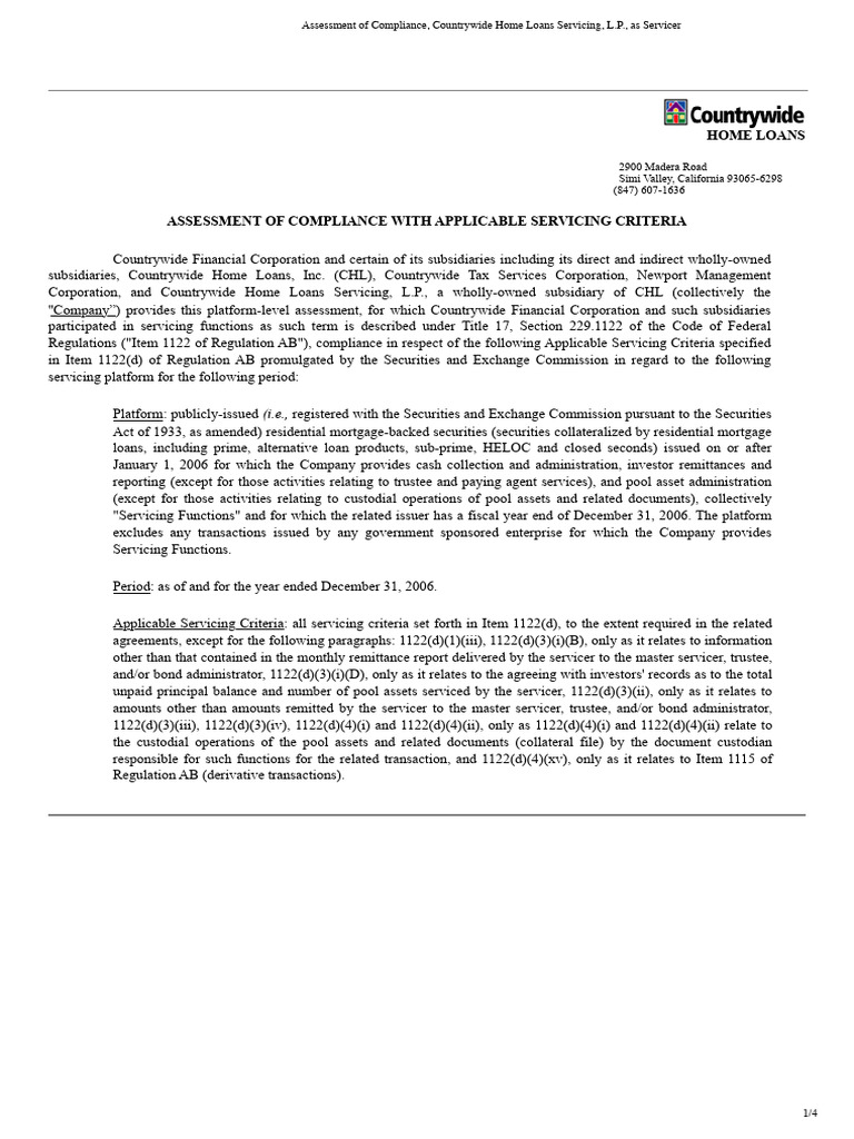 Assessment of Compliance, Countrywide Home Loans Servicing, L.P., As ...