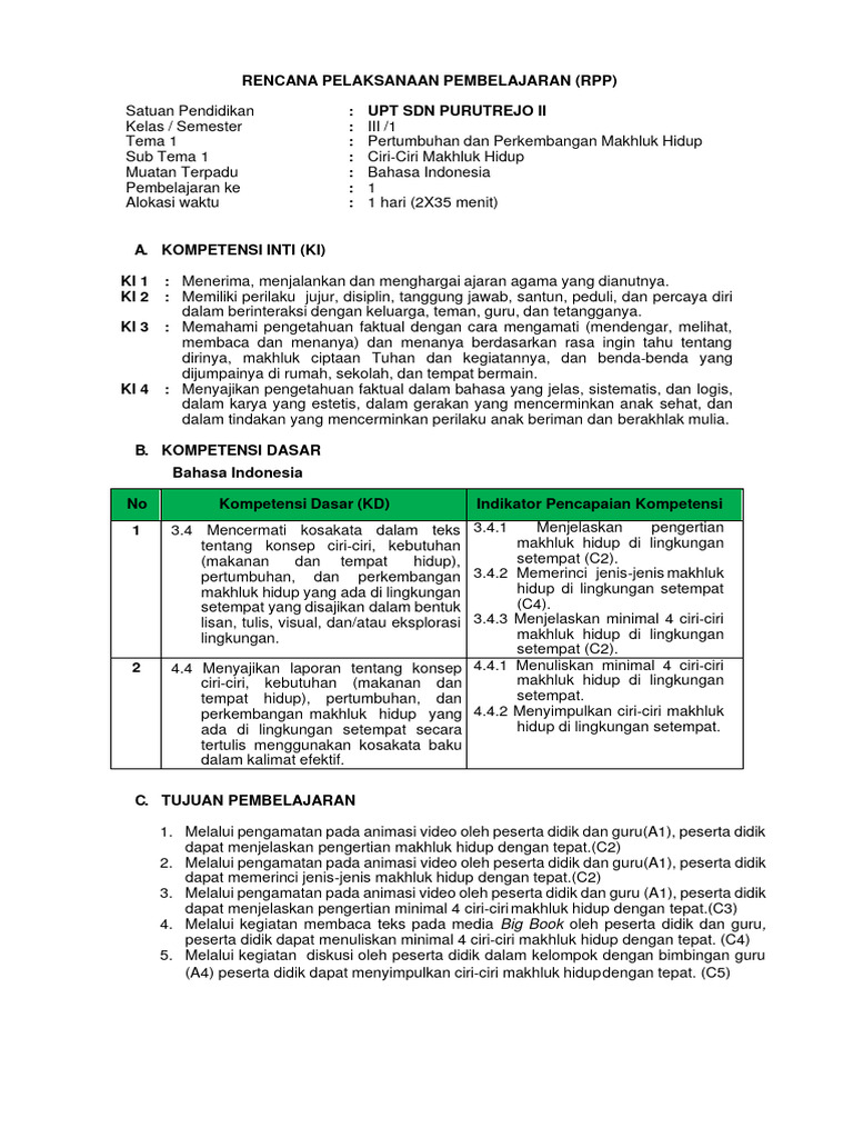 RPP Ciri-Ciri Makhluk Hidup | PDF
