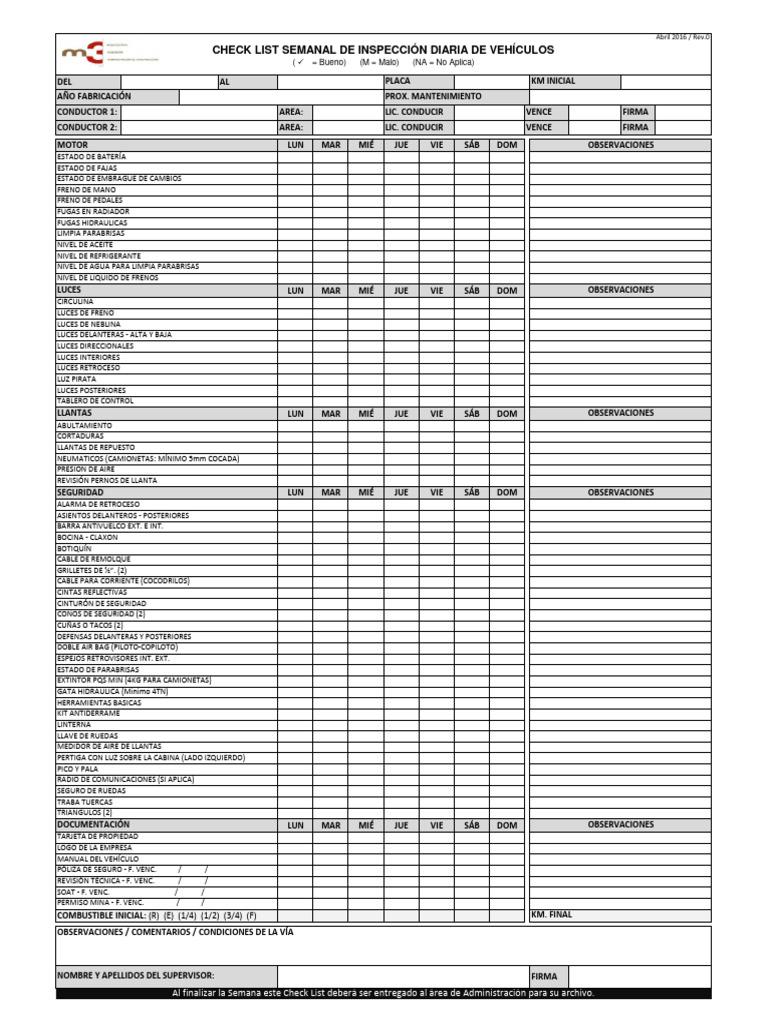 Anexo - Nro - 9 - Check List Semanal de Inspeccion Diaria de Vehículos ... Anexo - Nro - 9 - Check List Semanal de Inspeccion Diaria de Vehículos ...