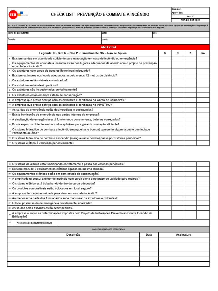 Check List - INSPEÇÃO DE PREVENÇÃO E COMBATE A INCÊNDIO | PDF