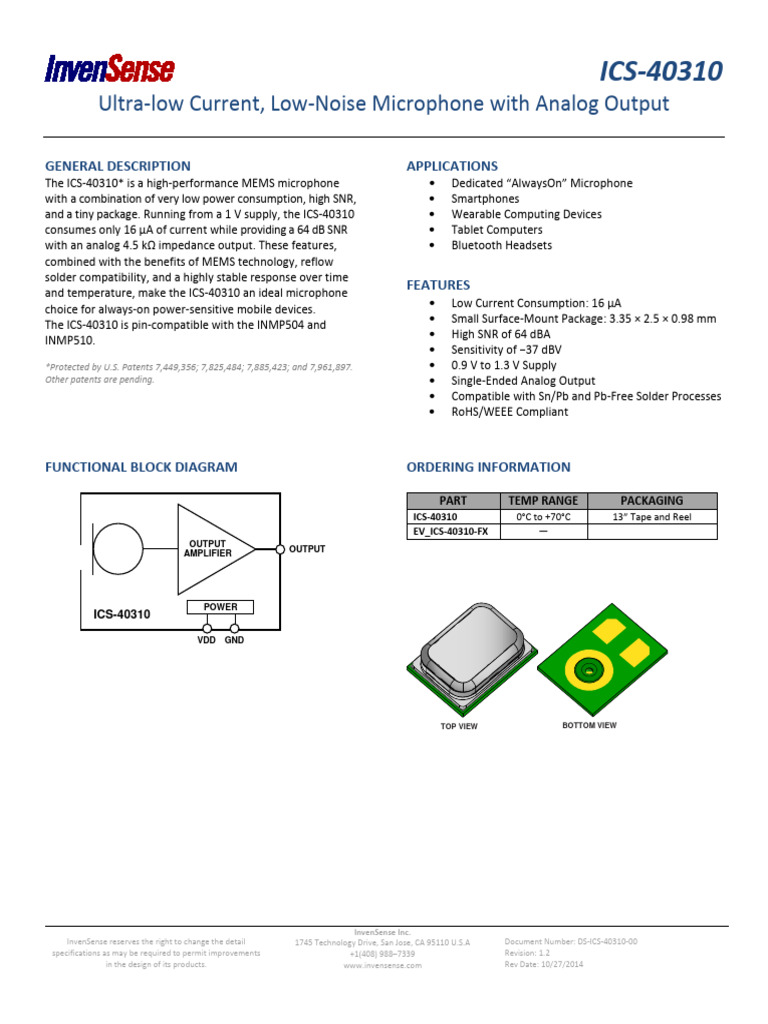 ICS-40310-datasheet v1.2 | PDF | Microphone | Decibel