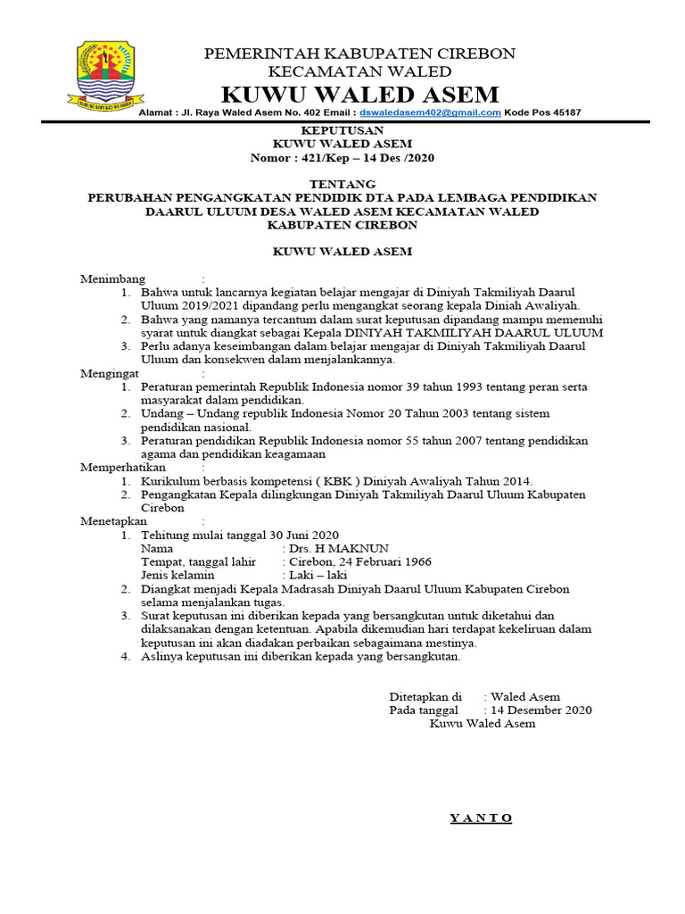 Pengangkatan Kepala DTA Waled Asem | PDF