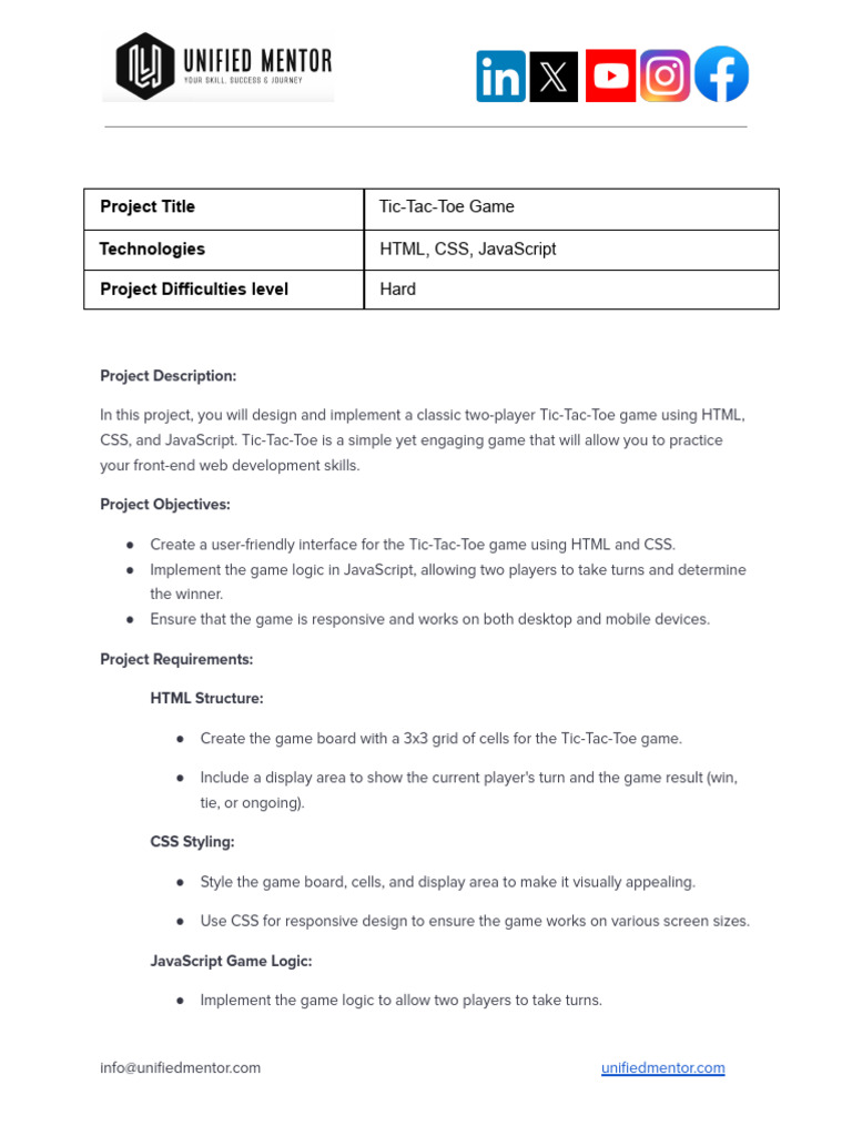 Project Title Technologies Project Difficulties Level Tic Tac Toe Game Html Css Javascript