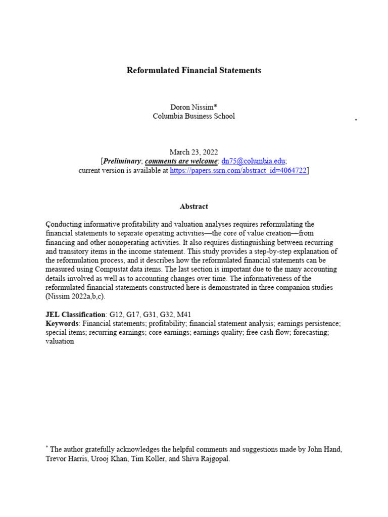 Reformulated FS | PDF | Equity (Finance) | Balance Sheet