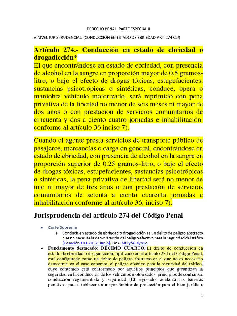 Delito de Conducción en Ebriedad: Art. 274 CP | PDF | Derecho penal ...
