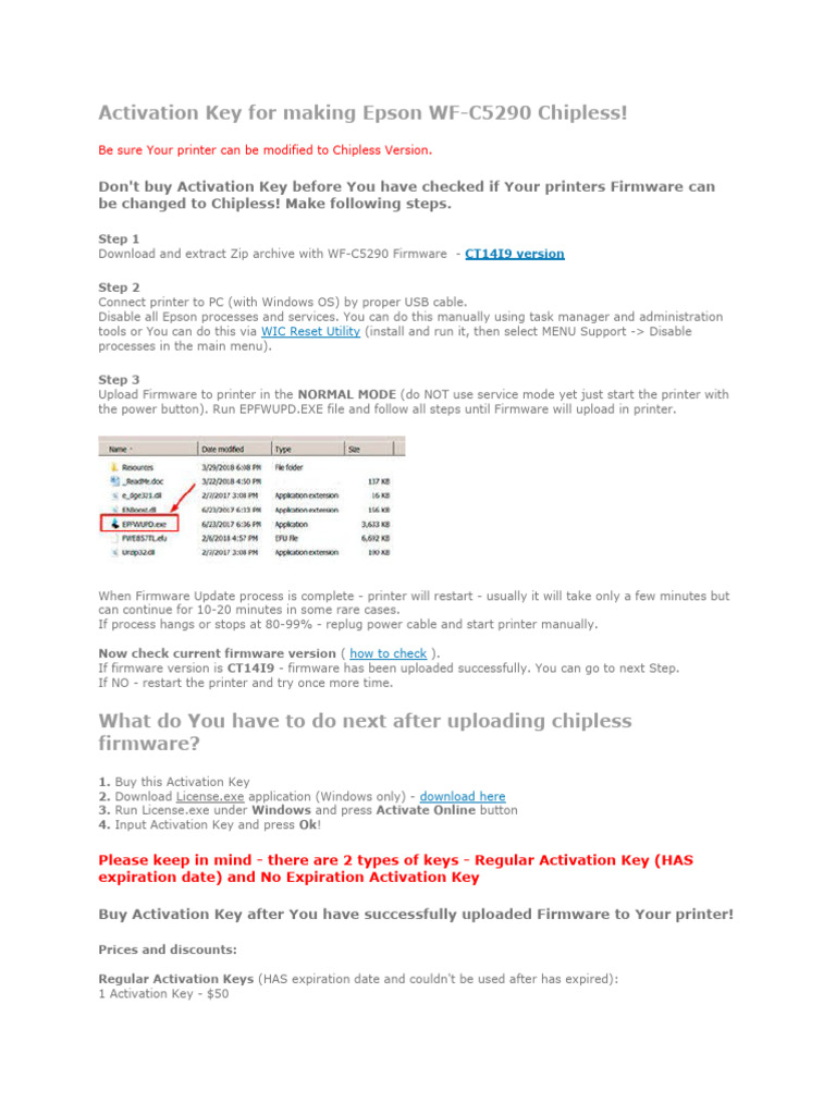 Activation Key For Making Epson WF-C5290 Chipless! | PDF | Microsoft Windows | Printer (Computing)