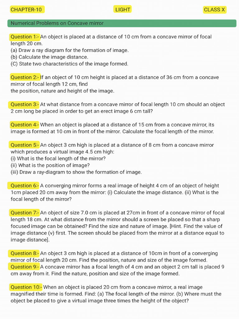 Numerical Problems On Light - Class X | PDF
