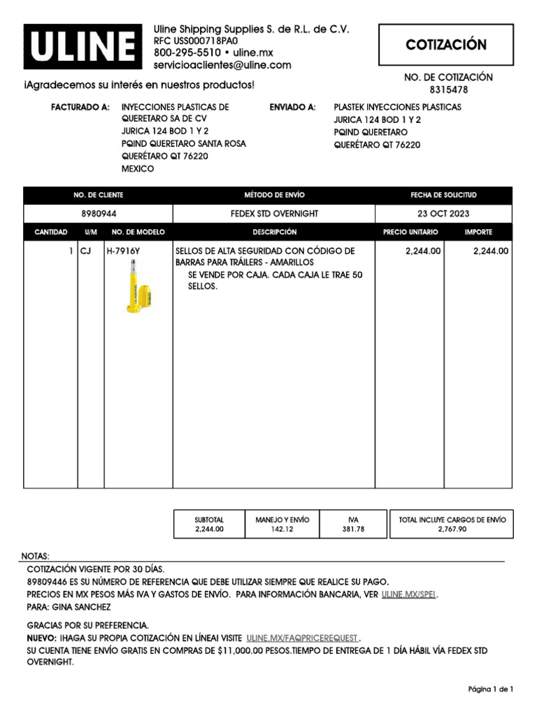 Cot. Sellos de Alta Seguridad Uline | PDF