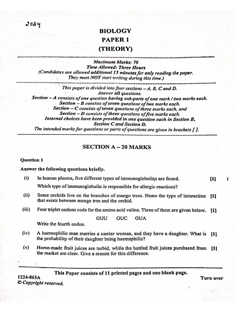 Biology Xii Isc QP Year 2024 | PDF