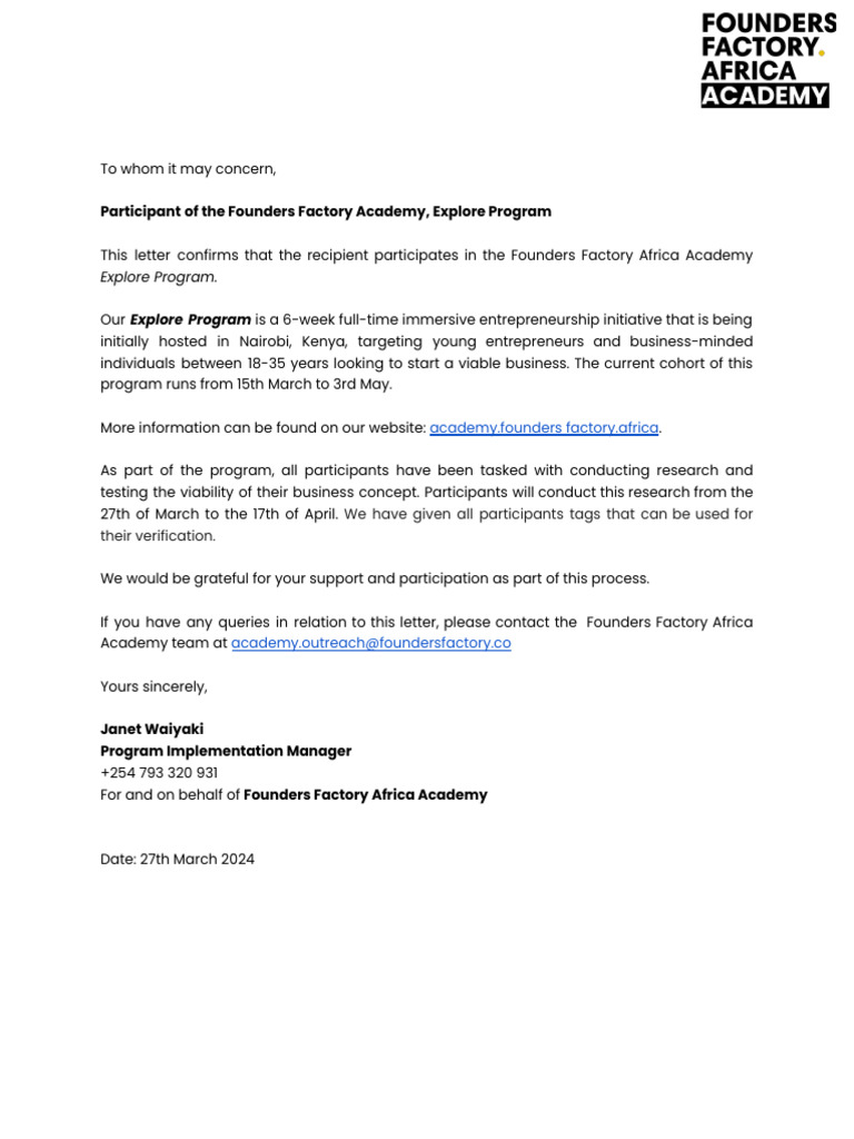 Confirmation of Participation - FFA Academy | PDF