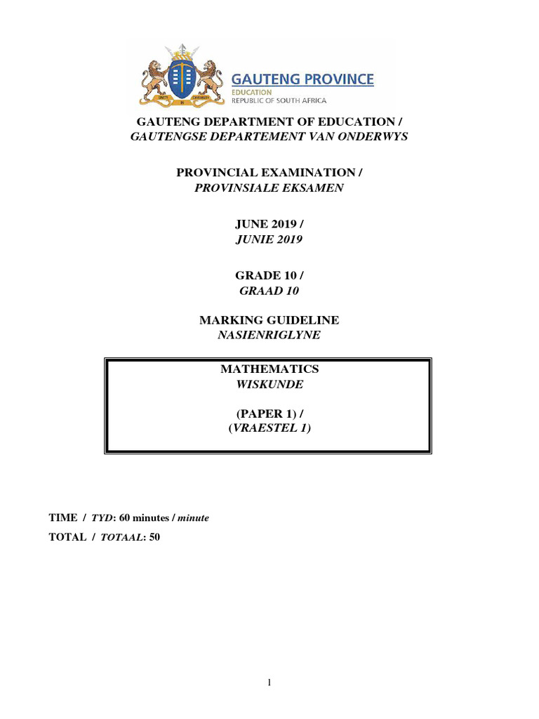 2019 Grade 10 Mid Year Exam June Math Paper 1 Memo | PDF