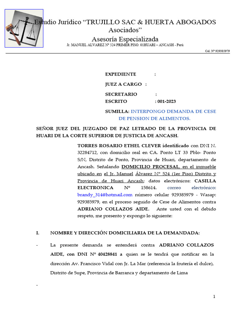 Demanda de Cese Alimentos Cleber | PDF | Divorcio | Pensión alimenticia