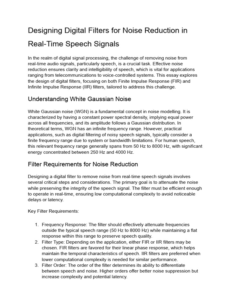 Designing Digital Filters For Noise Reduction in Real-Time Speech Signals | PDF | Filter (Signal ...