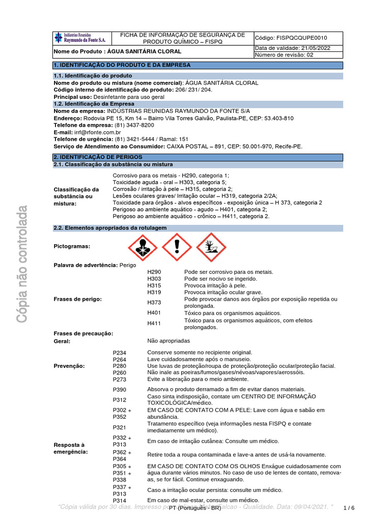 FISPQ - Água Sanitária Cloral | PDF | Corrosão | Vapor