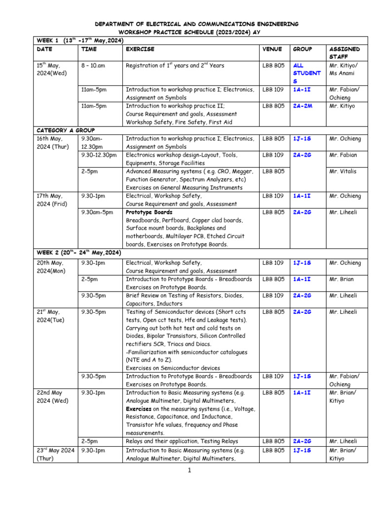 Electrical Engineering Workshop Schedule | PDF | Resistor | Electrical ...