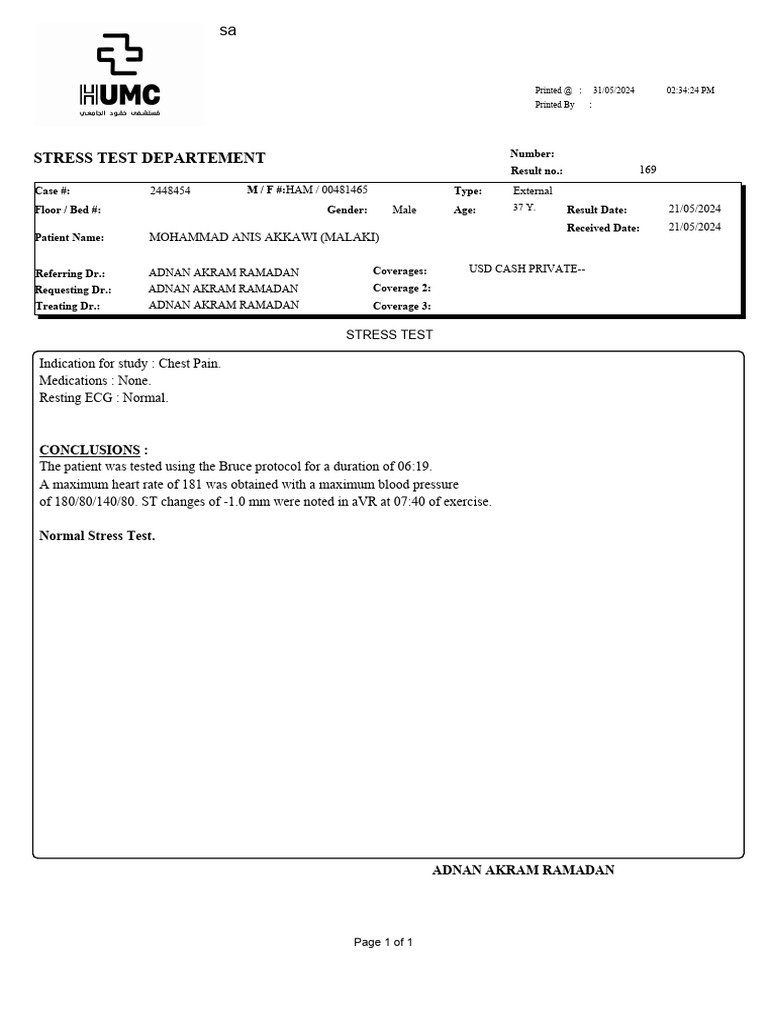 Normal Stress Test Results for Adnan Ramadan | PDF