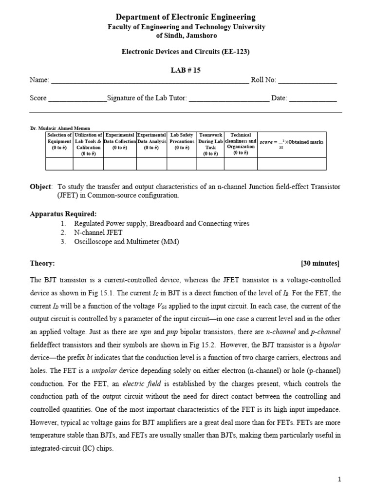 JFET Characteristics Lab Report EE-123 | PDF | Field Effect Transistor ...