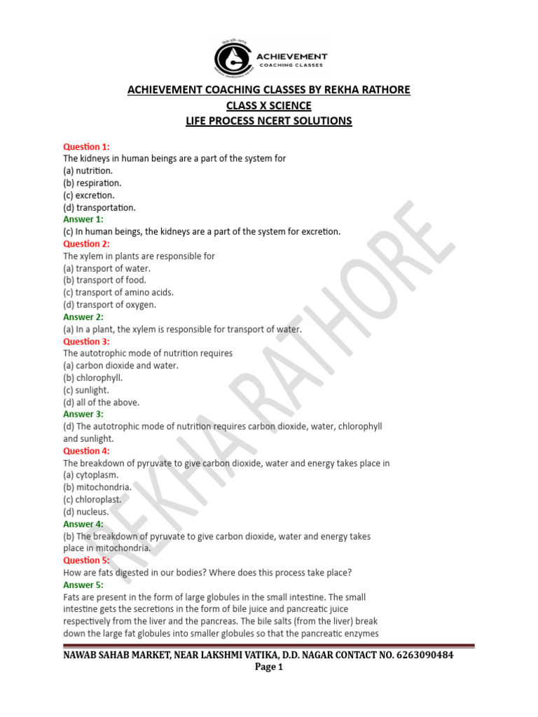 Class 10 Life Processes Solutions | PDF | Nutrition | Diet & Nutrition
