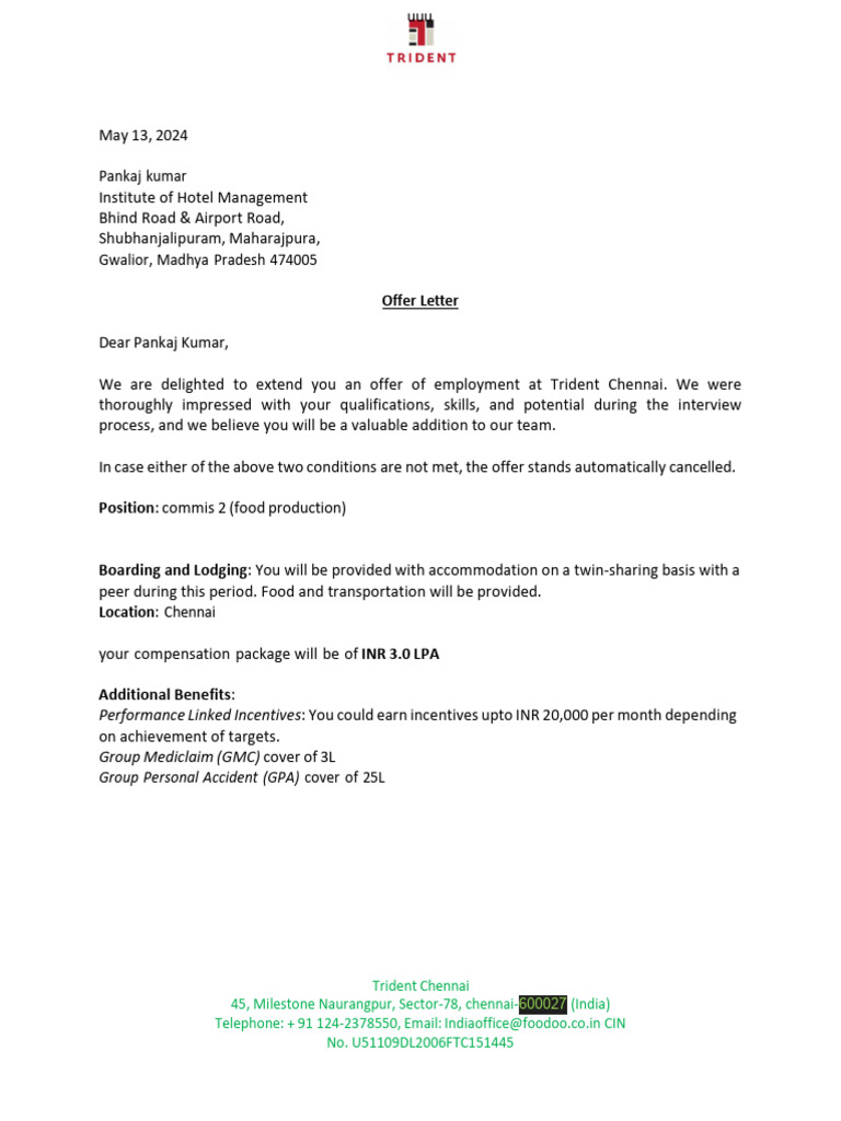 Trident Chennai Job Offer for Pankaj Kumar | PDF | Business