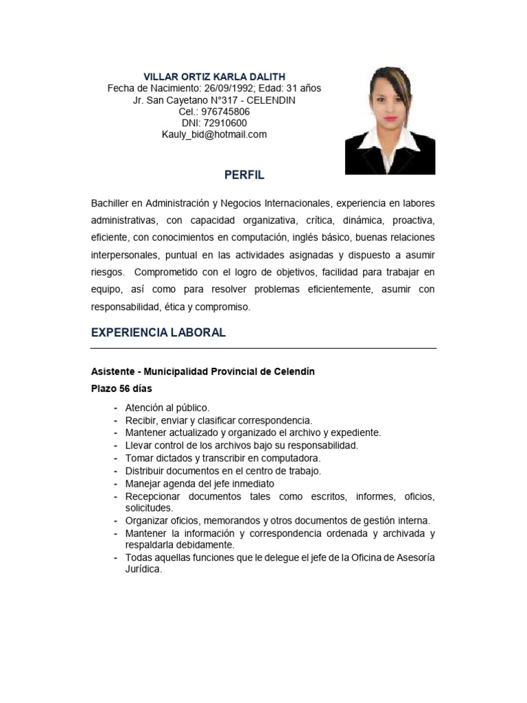 Perfil Profesional de Karla Villar | PDF | Efectivo | Documento de identidad