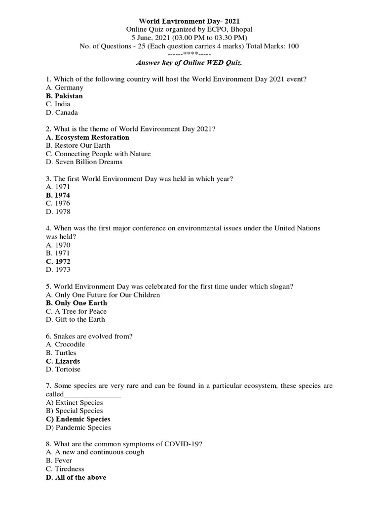 Online Quiz Answer Sheet World Environment Day-2021 | PDF ...