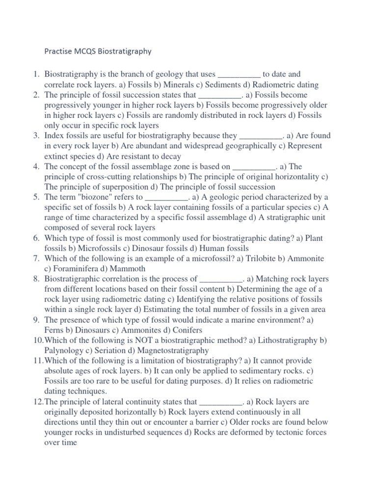 Practise MCQS Biostratigraphy | PDF | Fossil | Earth Sciences
