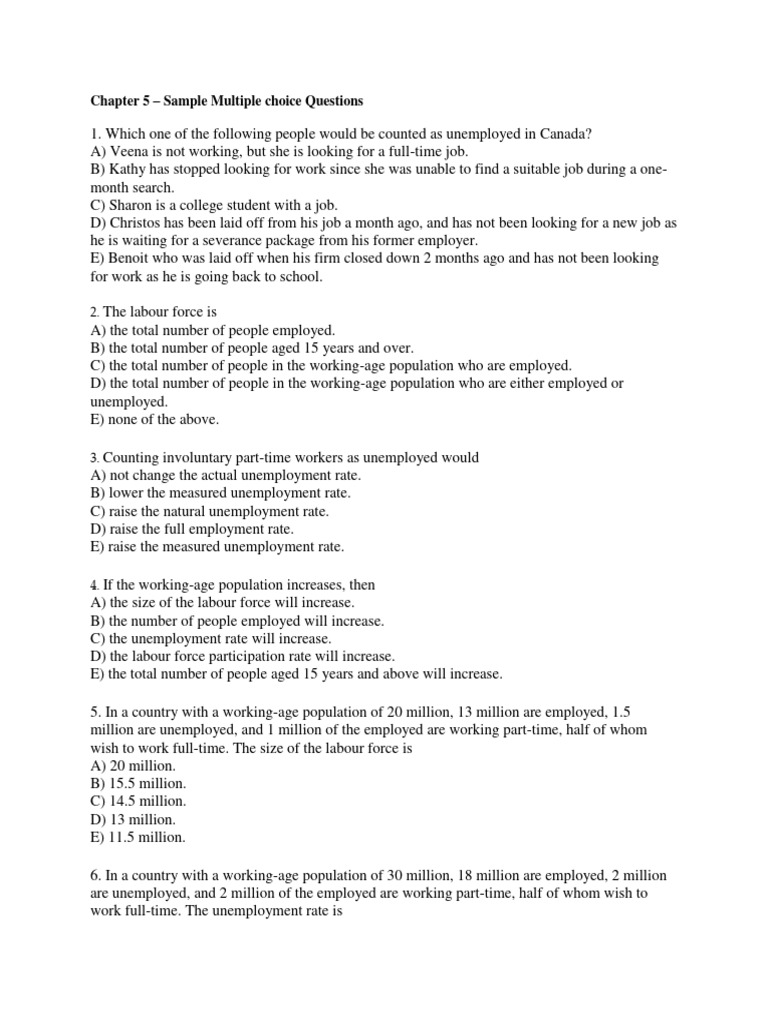 Chapter 5 - Sample MCQs | PDF | Unemployment | Employment To Population Ratio