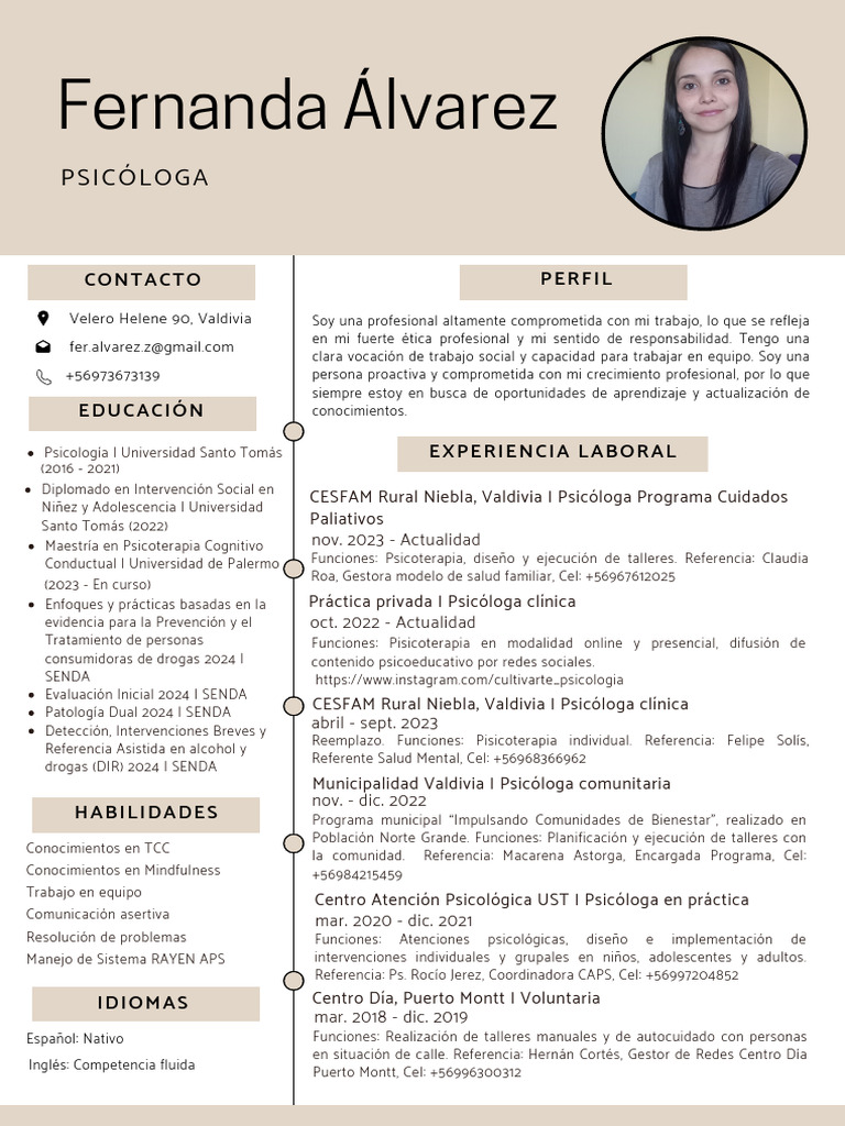 CV Fernanda Álvarez Abril 2024 | Descargar gratis PDF | Sicología | Psicólogo