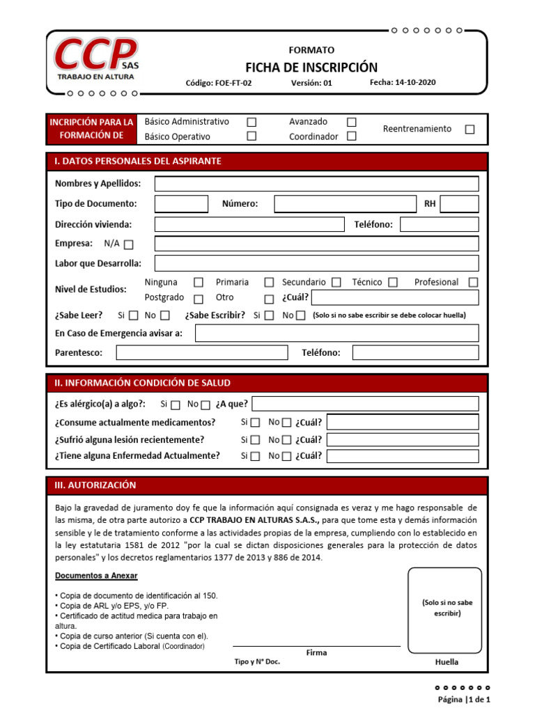 FOE-FT-02 Ficha de Inscripción V1 | PDF